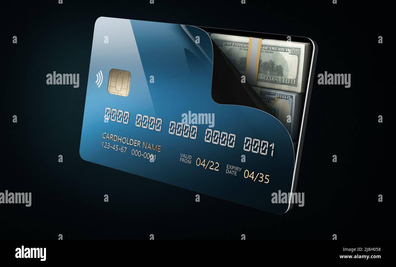Open Credit card with dollars banknotes, clipping path included. 3d ...