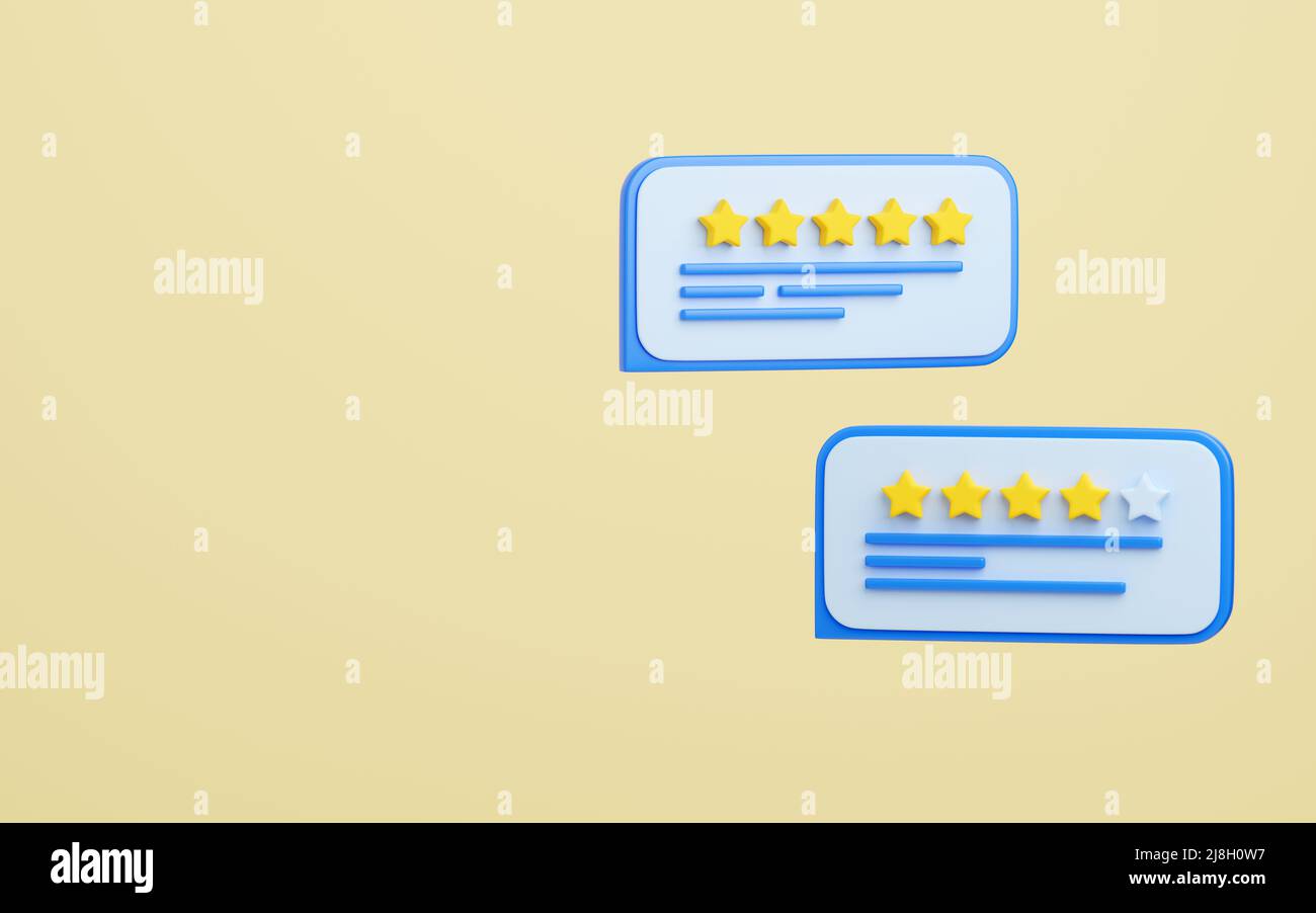 Customer review 3d render illustration - stars and text message on ...