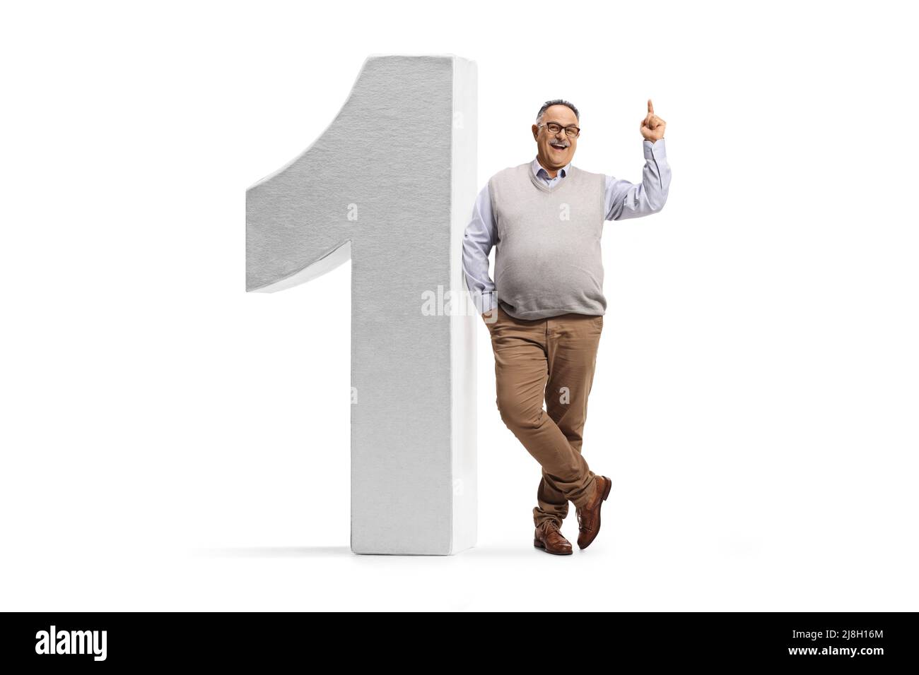 Full length portrait of a cheerful mature man pointing up and leaning ...