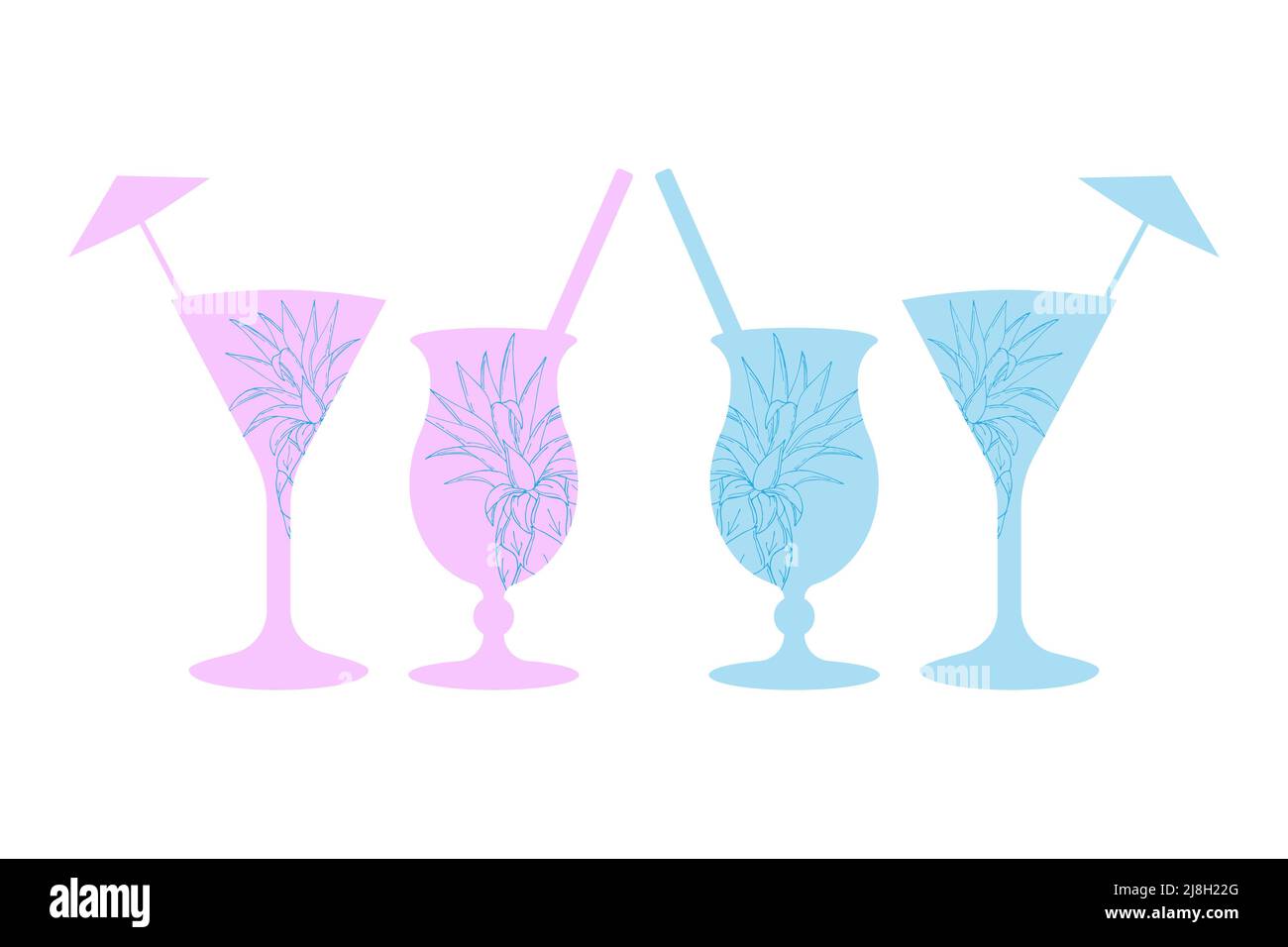 Cocktails summer silhouettes blue and pink with pineapple outline, hand ...