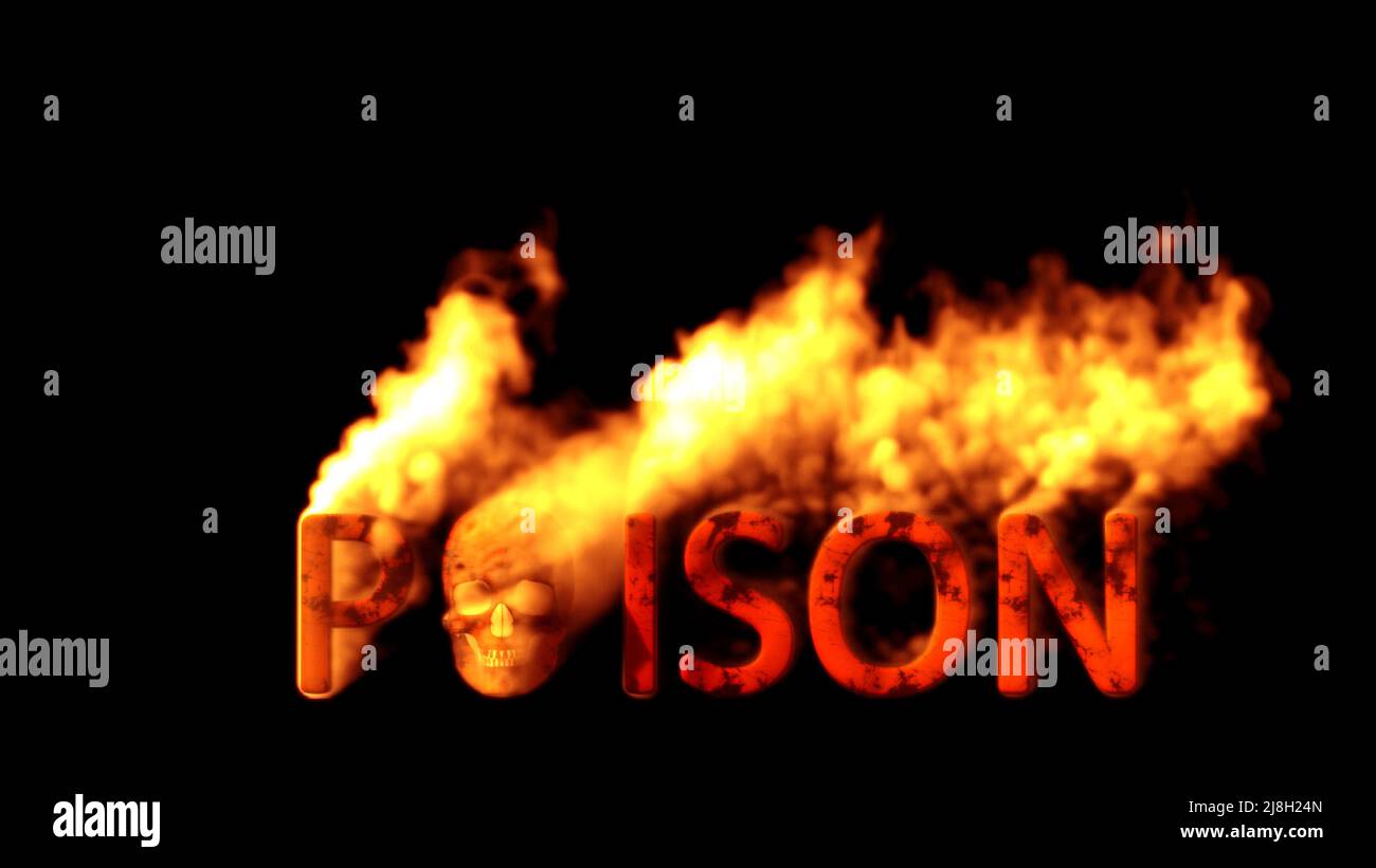 Text poison with human skull burning on black bg, isolated - abstract ...