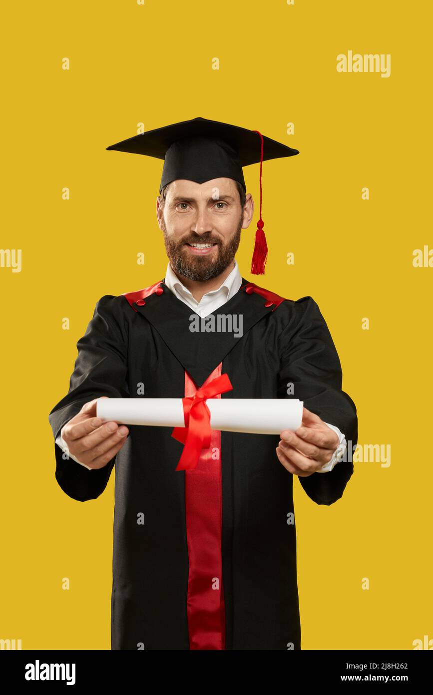 Front view of happy student getting bachelor, master degree. Young man ...