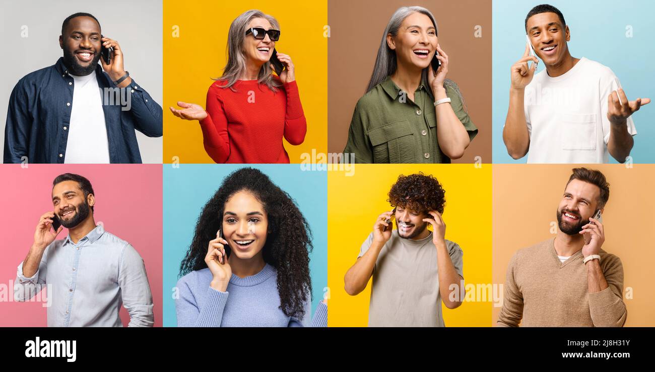 Collage with photos of different people talking on the smartphone, a ...