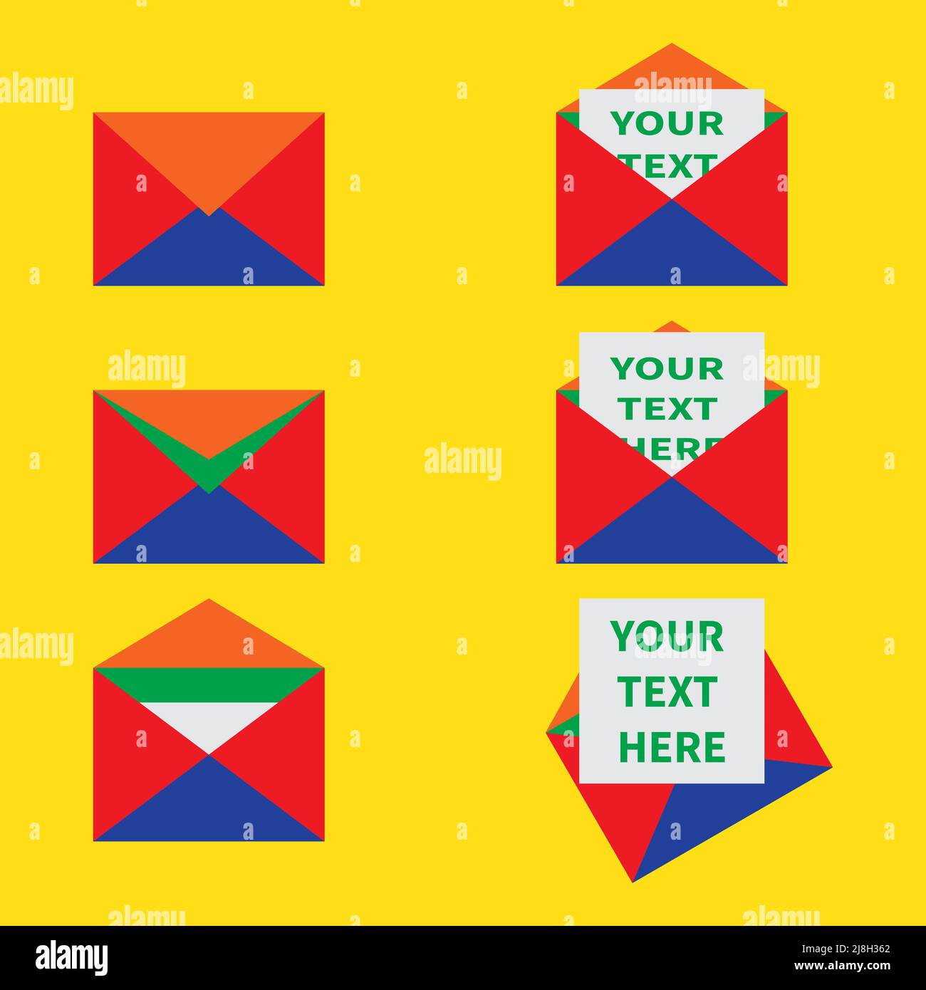 Group of six colorful postal envelopes. Sealed, half-open and four open ...