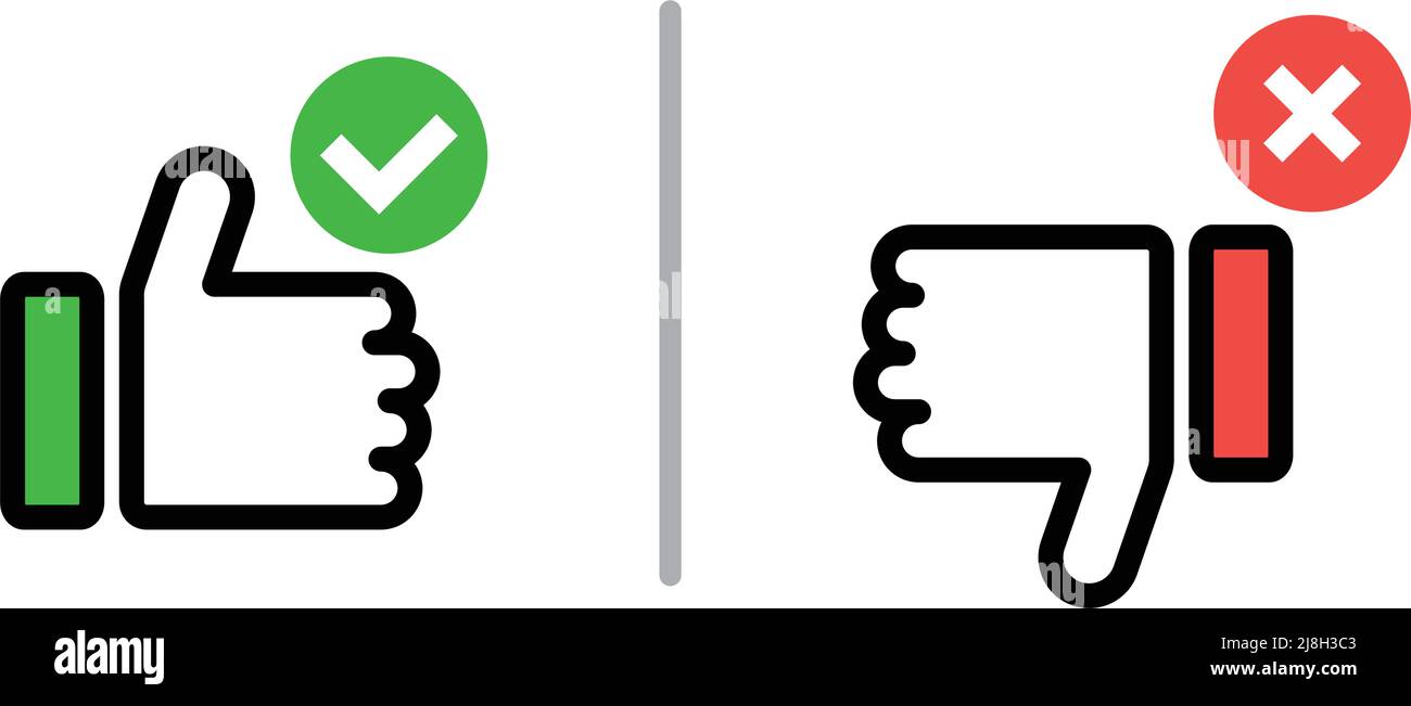 A set of thumbs up icons with a check mark and thumbs down icons with a ...