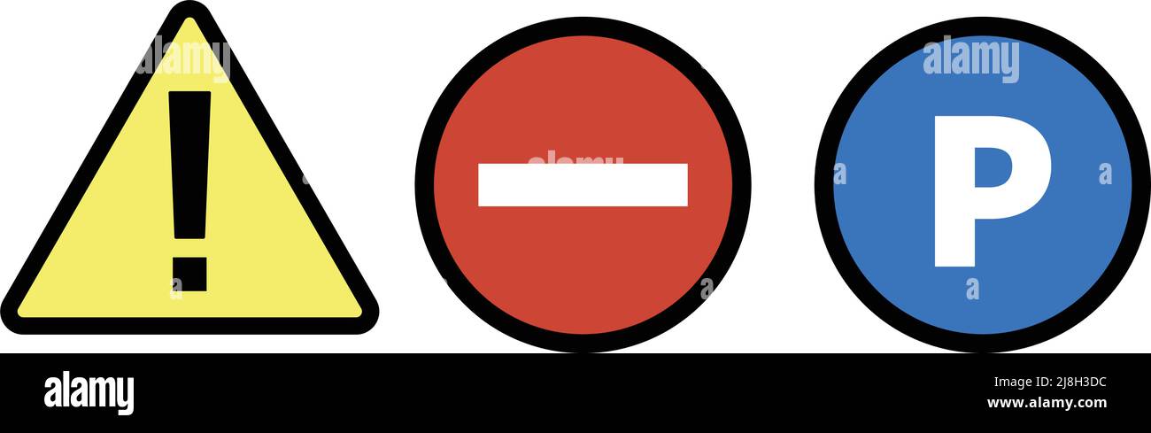 Set of caution and warning exclamation icon, stop sign and parking sign ...