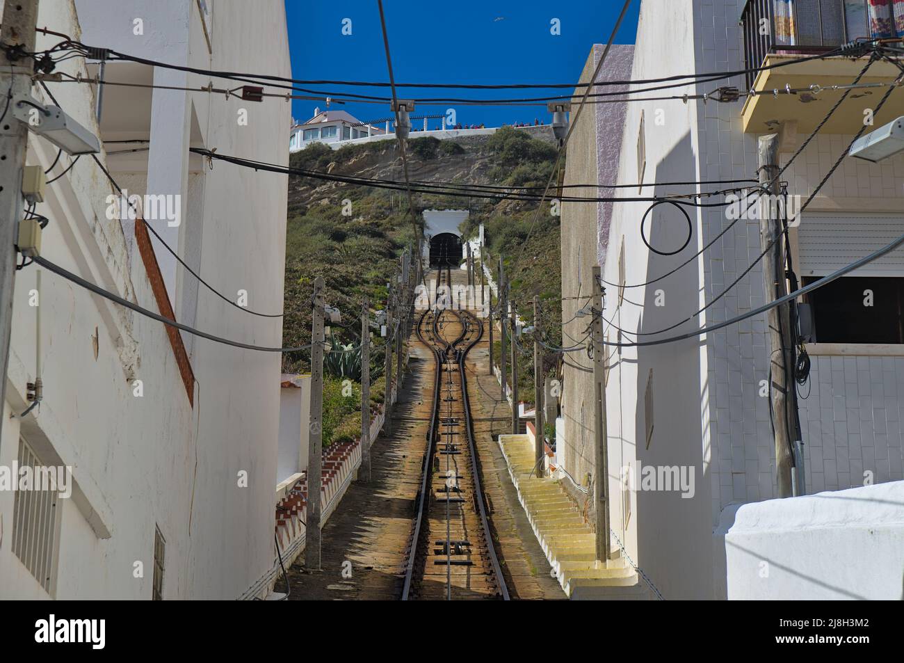 Elevator of Nazare, View from the cabin window while moving up. Nazare ...
