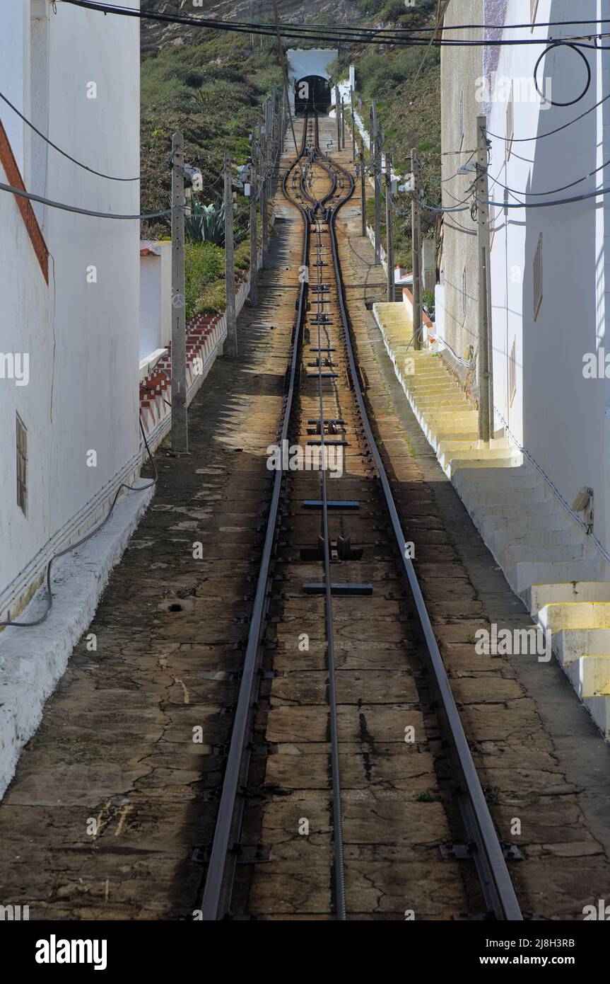 Elevator of Nazare, View from the cabin window while moving up. Nazare ...