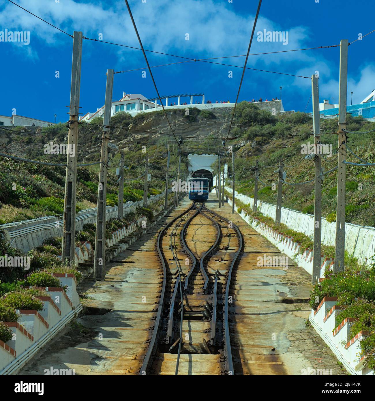 Elevator of Nazare, View from the cabin window while moving up. Nazare ...
