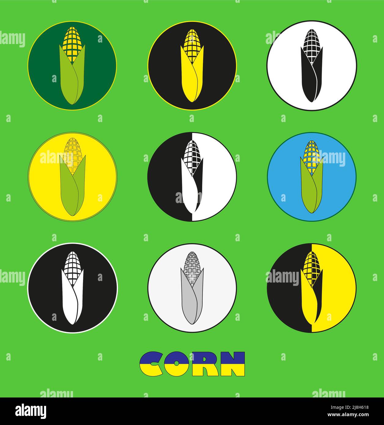 Corn cob icons set. Illustration. The inscription corn in the colors of ...