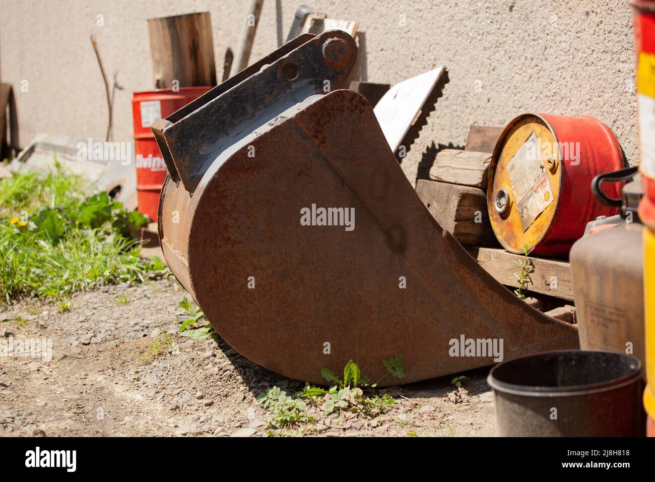 a rusty bucket is lying on the ground, all around there are red and ...