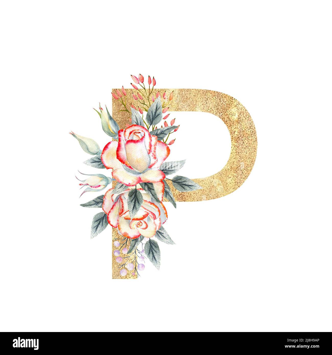 Golden letter P of the English alphabet with a bouquet of pink roses on ...