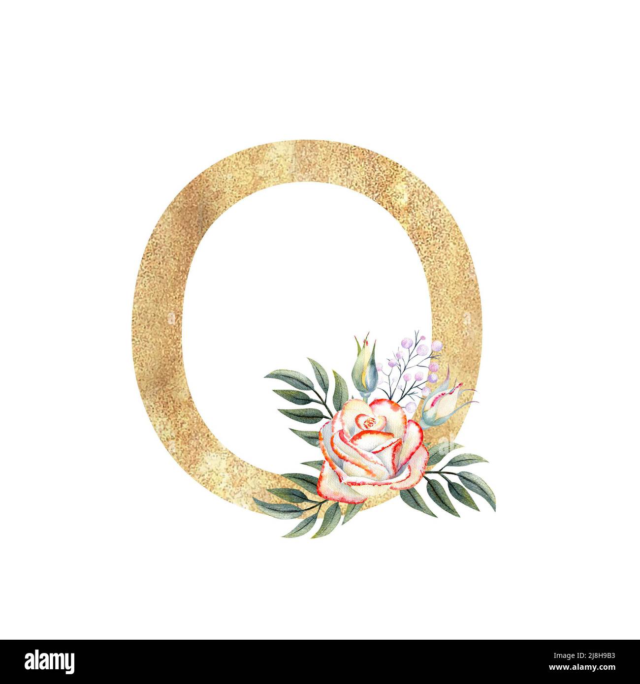 Golden letter O of the English alphabet with a bouquet of pink roses on ...