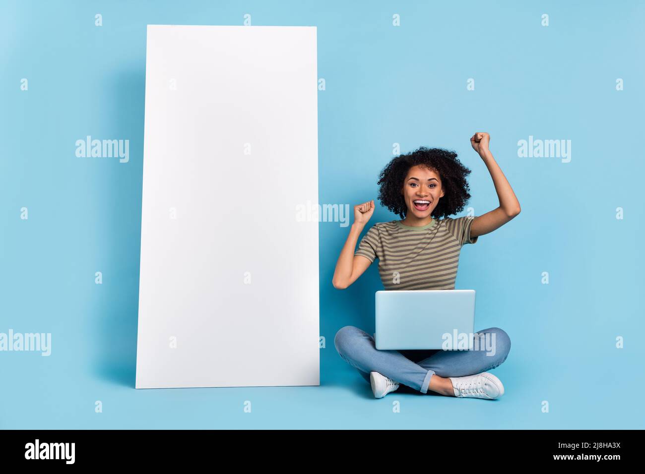 Photo of crazy lady celebrate lottery device discounts fist up poster ...