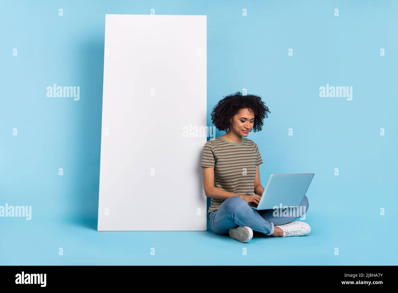 Full size photo of lady marketer use netbook search white wall poster ...