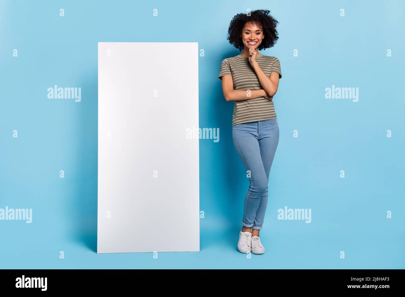 Photo of smart lady stand electronics poster decide ecommerce eshop ...