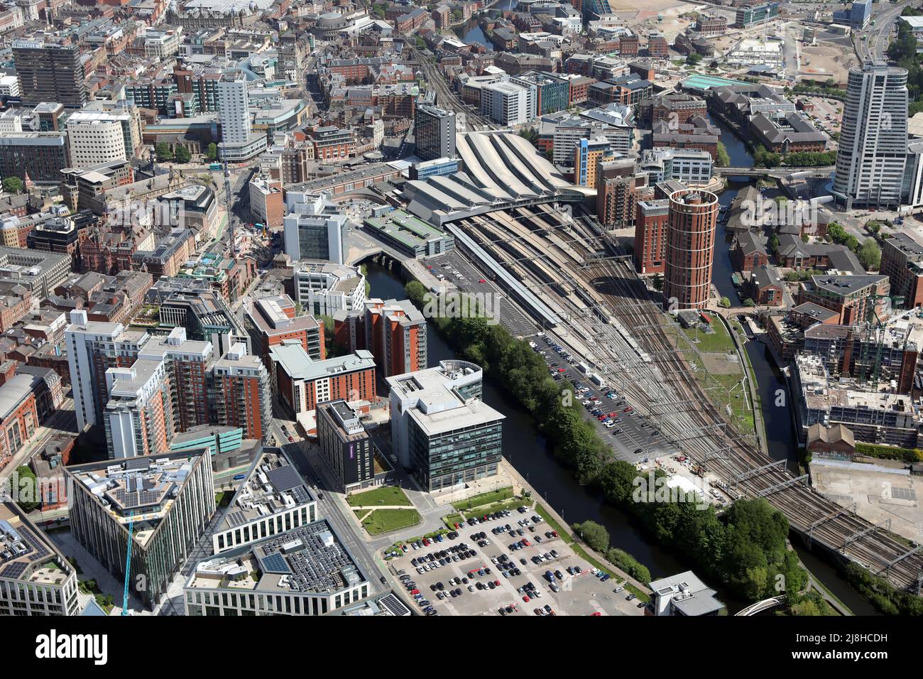 aerial view of Leeds Station from the west with Leeds city centre ...
