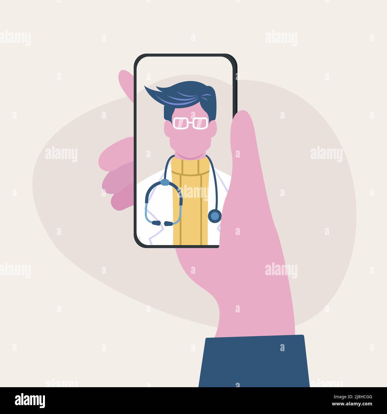 Hand holding smart phone with doctor on screen during online ...