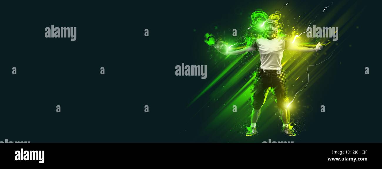 Winner. Flyer with american football player in motion and action with ...