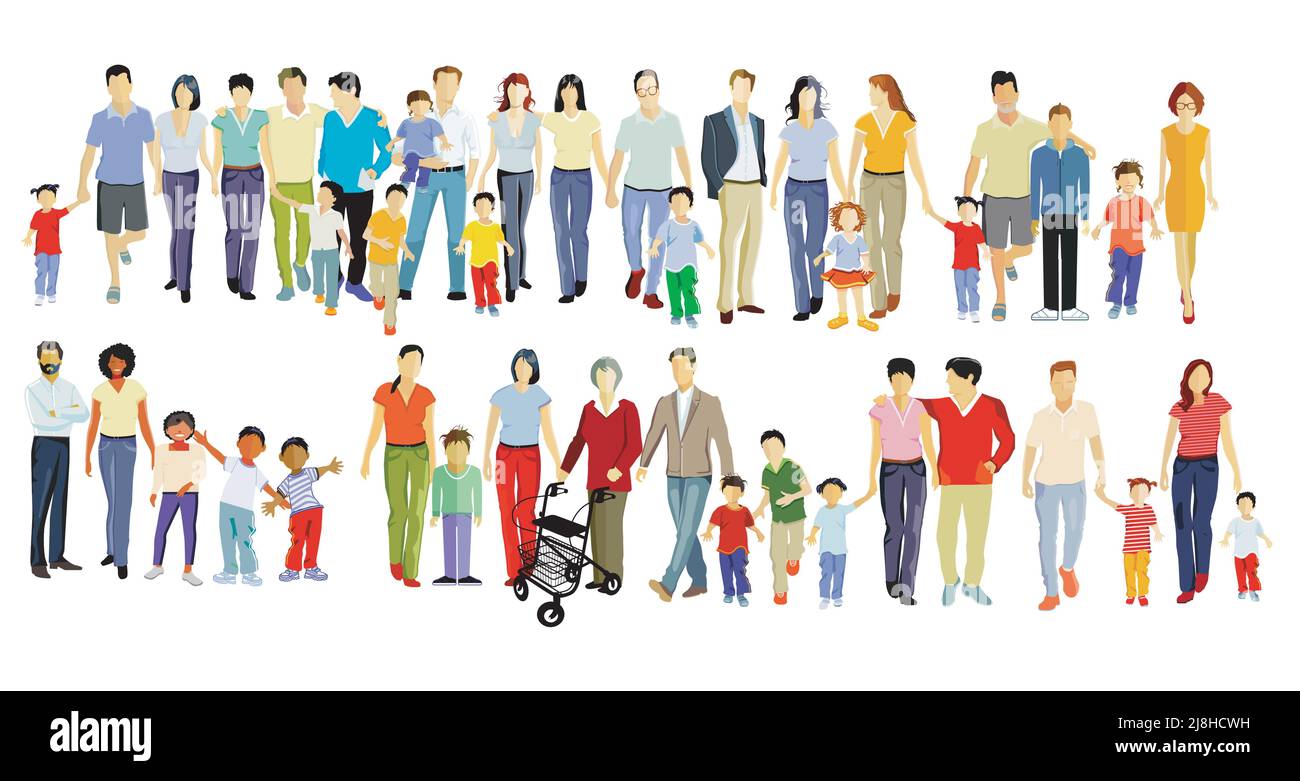 Parents and children, family groups isolated on white, illustration ...
