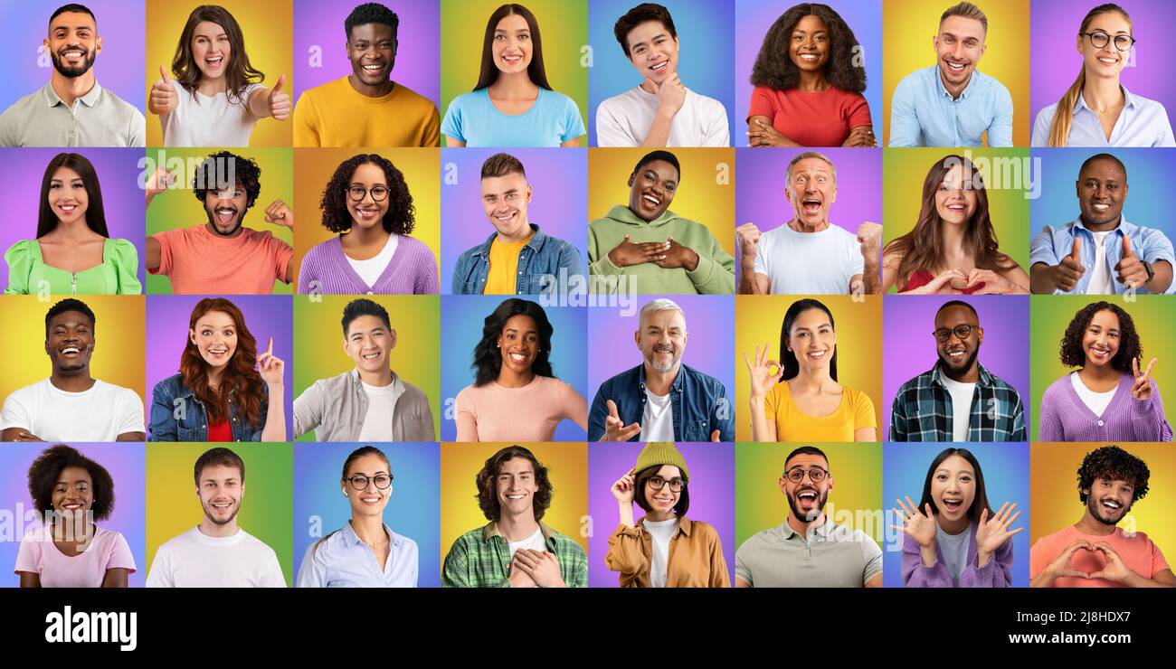 Happy young and adult different people make gestures and signs with ...