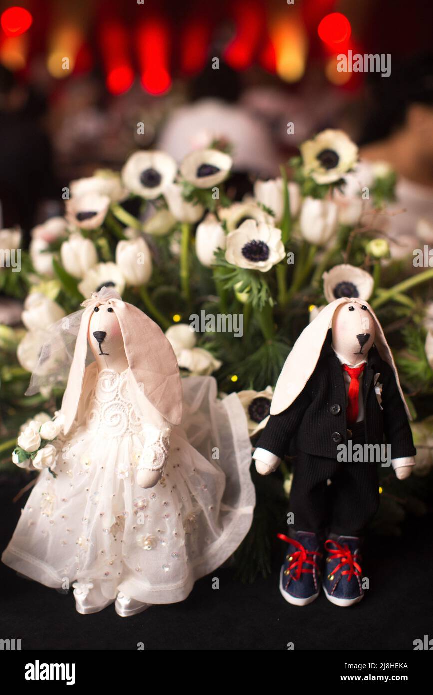 The bride and groom in the form of rabbits Stock Photo - Alamy
