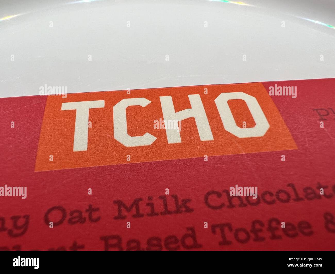 Close-up of TCHO logo on plant-based chocolate bar from TCHO Chocolate ...