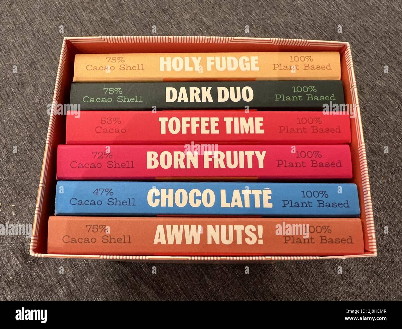 Close-up of box of plant-based chocolate bars from TCHO Chocolate ...