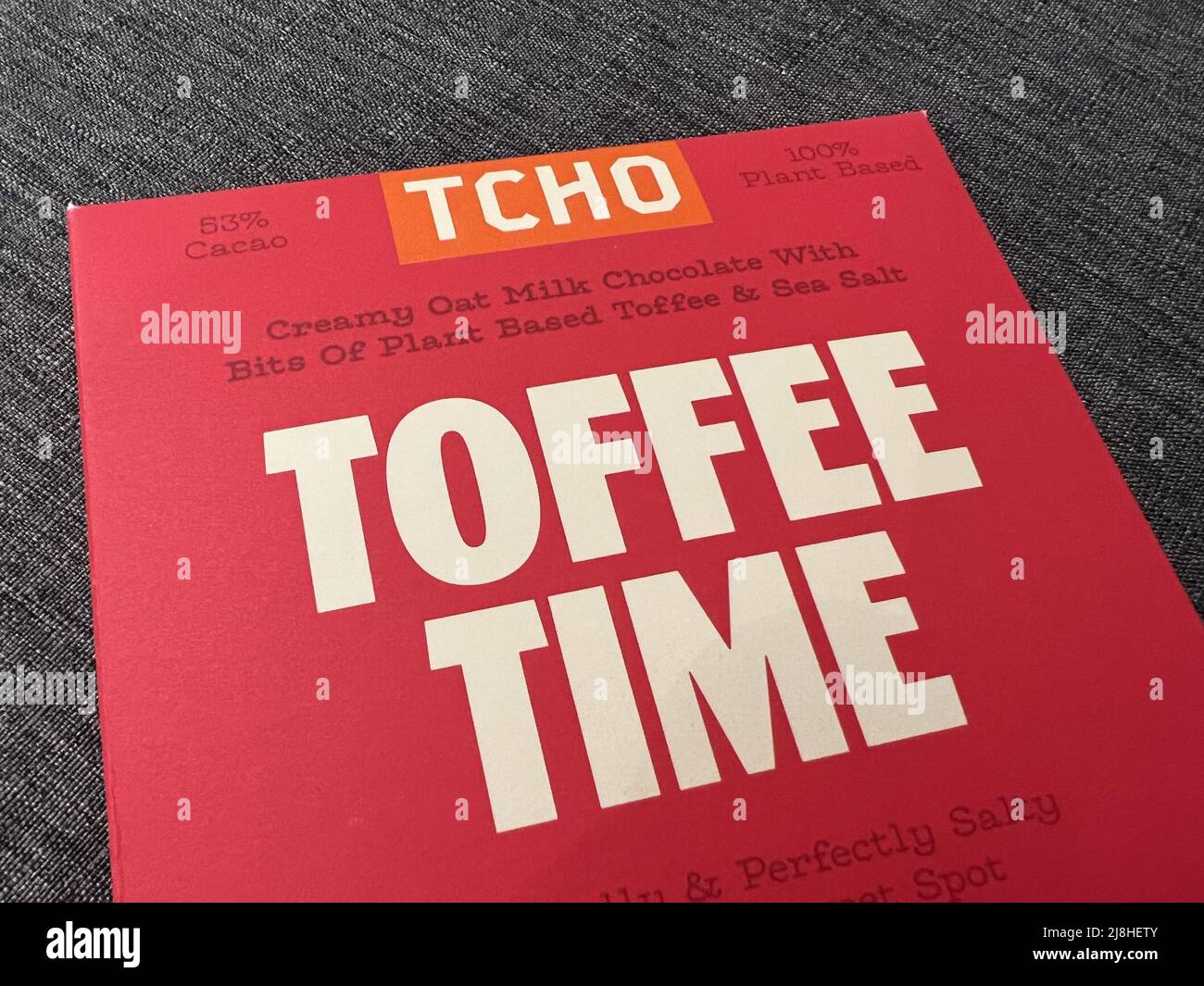 Close-up of Toffee Time plant-based chocolate bar from TCHO Chocolate, Lafayette, California ...