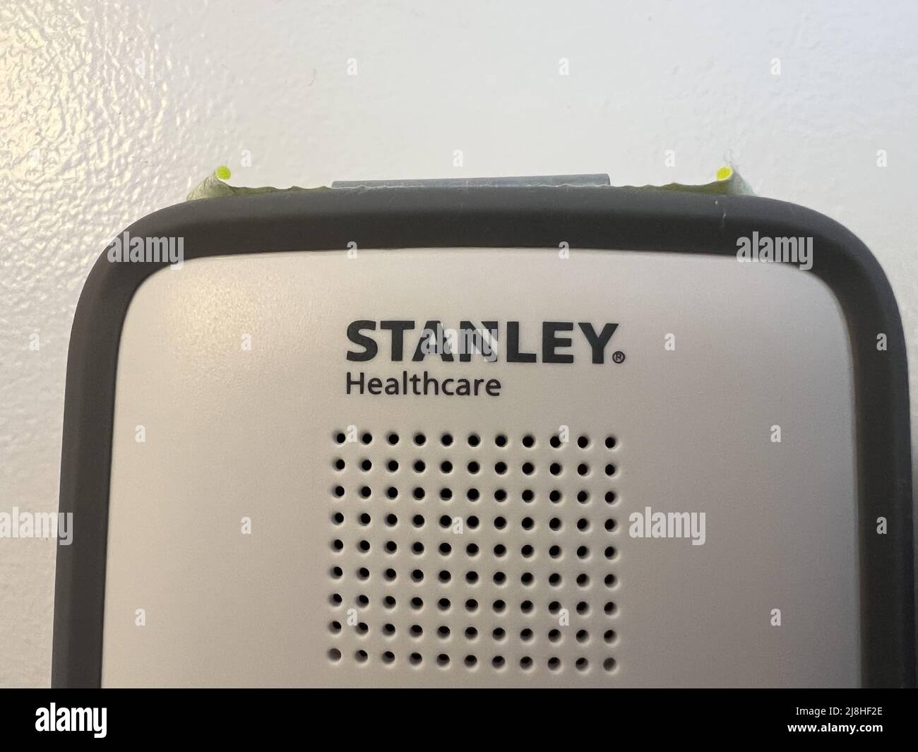 Device with logo for Stanley Healthcare in a hospital in San Francisco ...