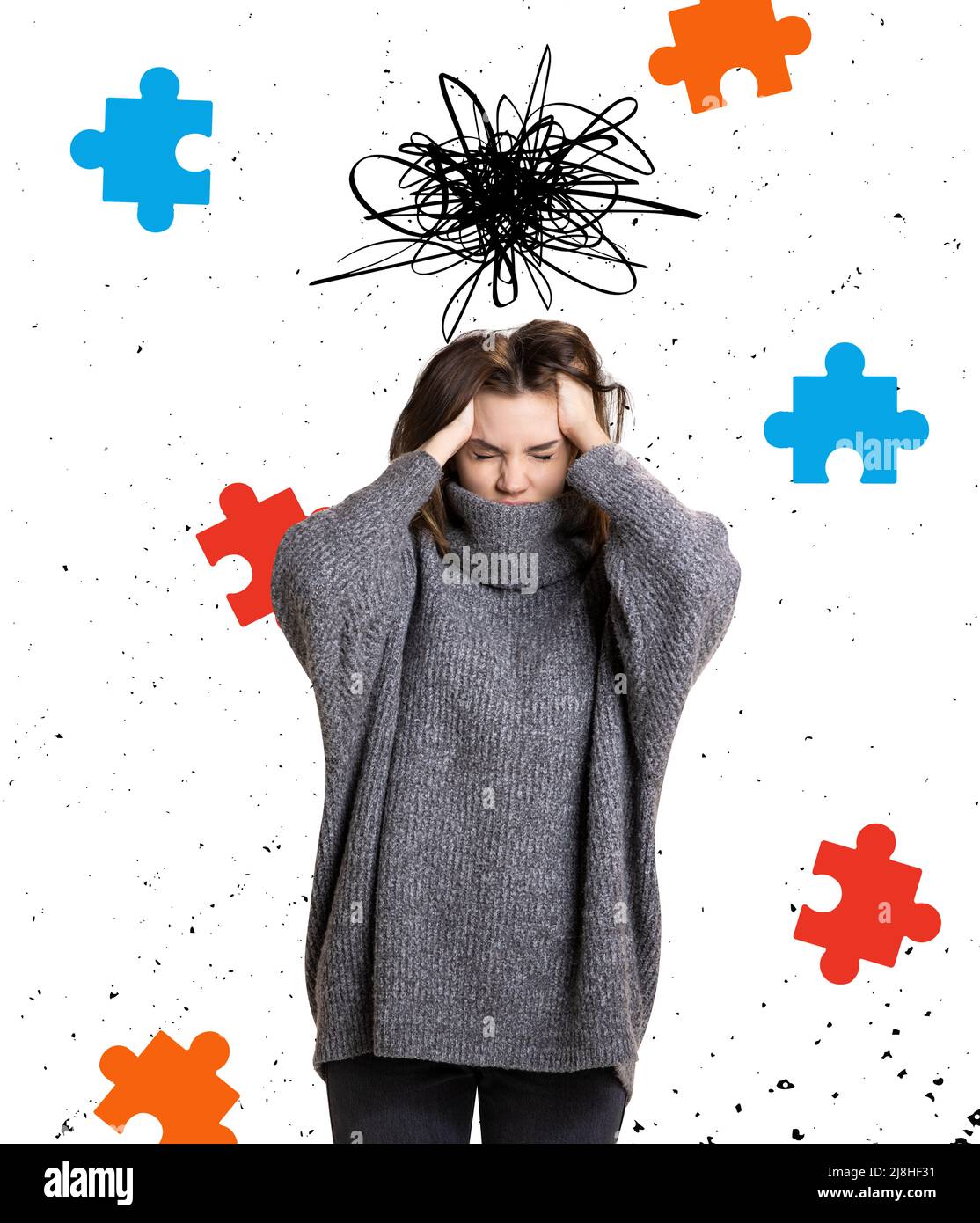 Sad girl in warm sweater having personal problems and terrible headache ...