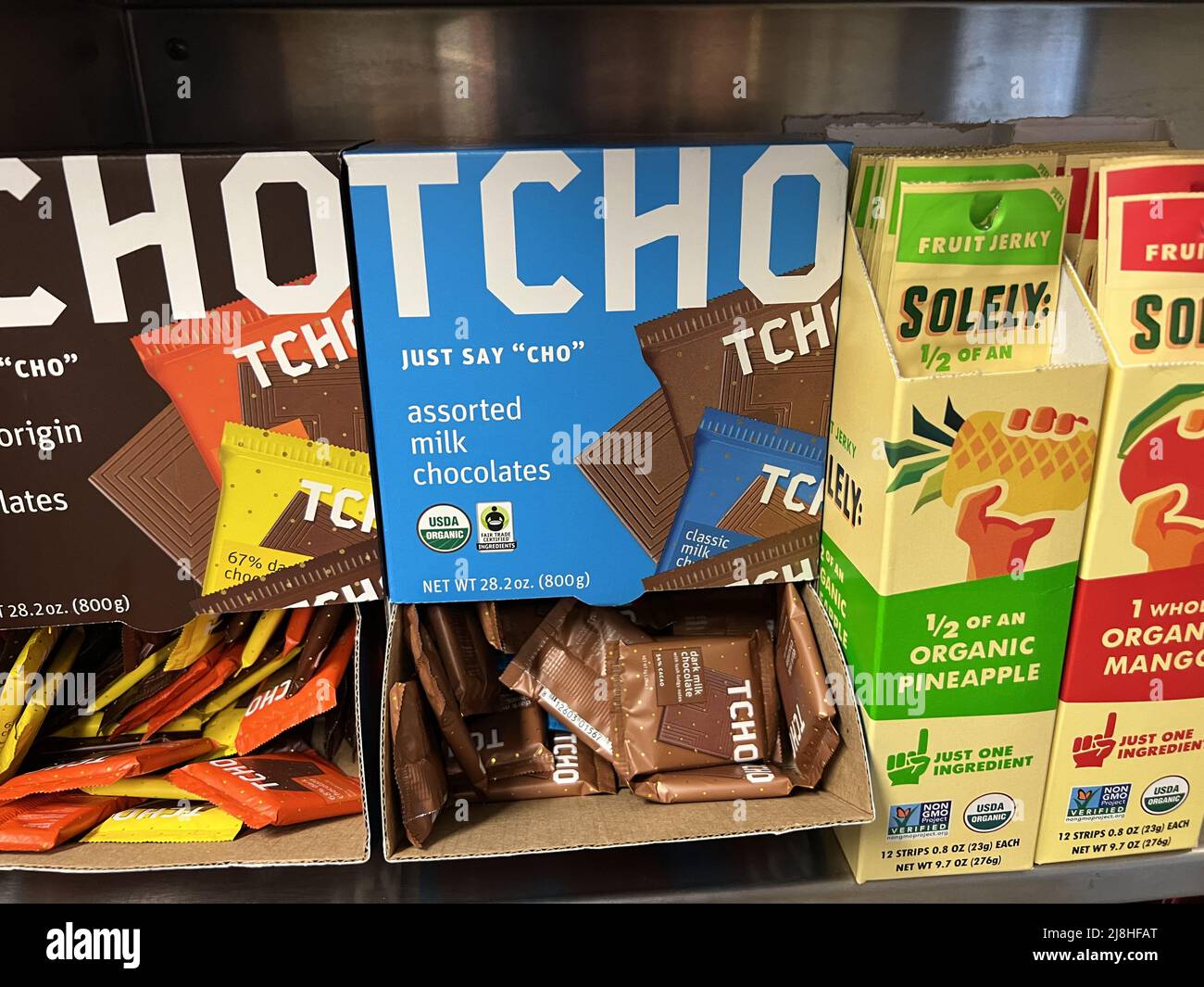 Boxes dispensing single-serving TCHO chocolate squares, San Francisco ...