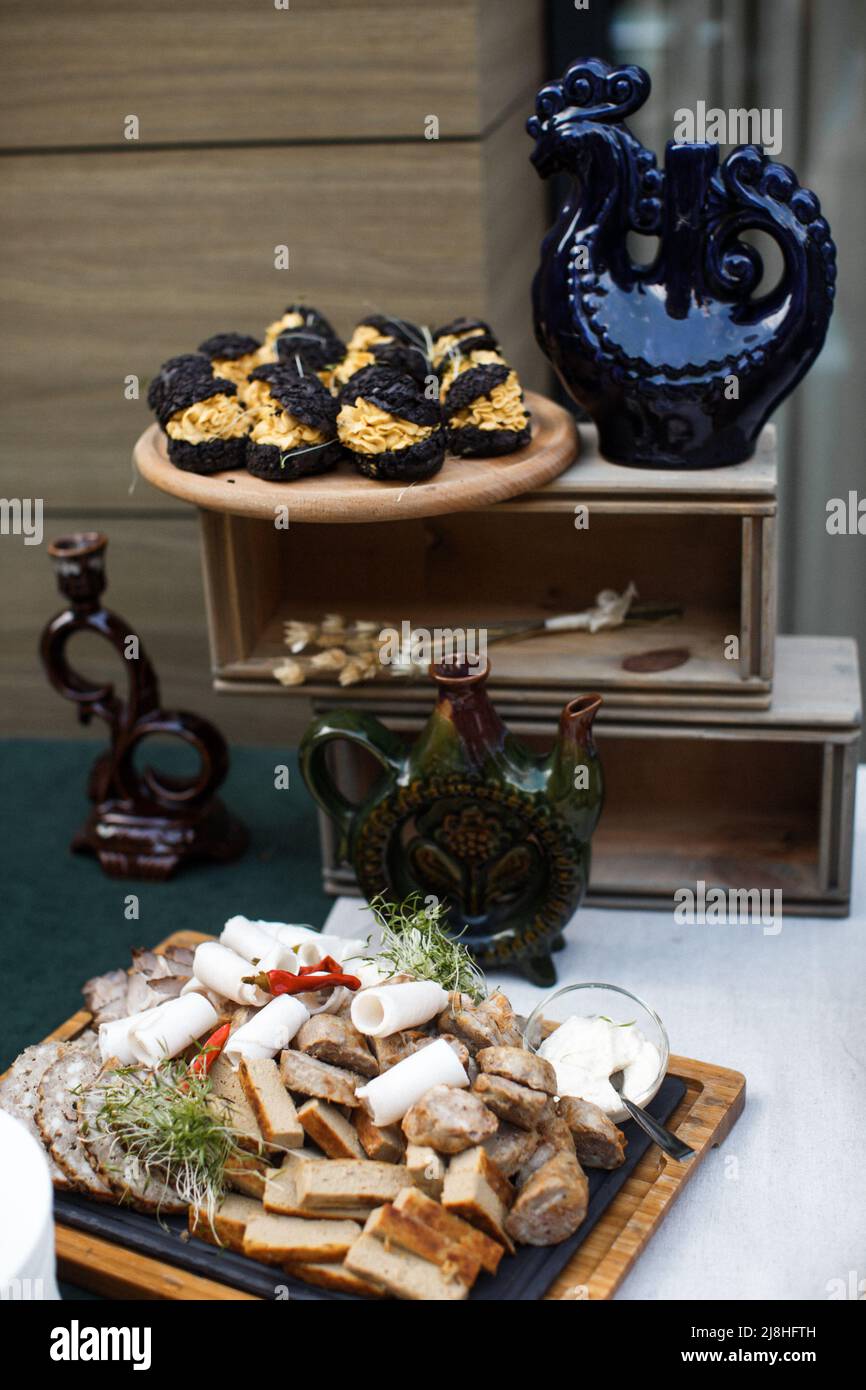 Rows of appetizers and starters on the wedding table Stock Photo - Alamy
