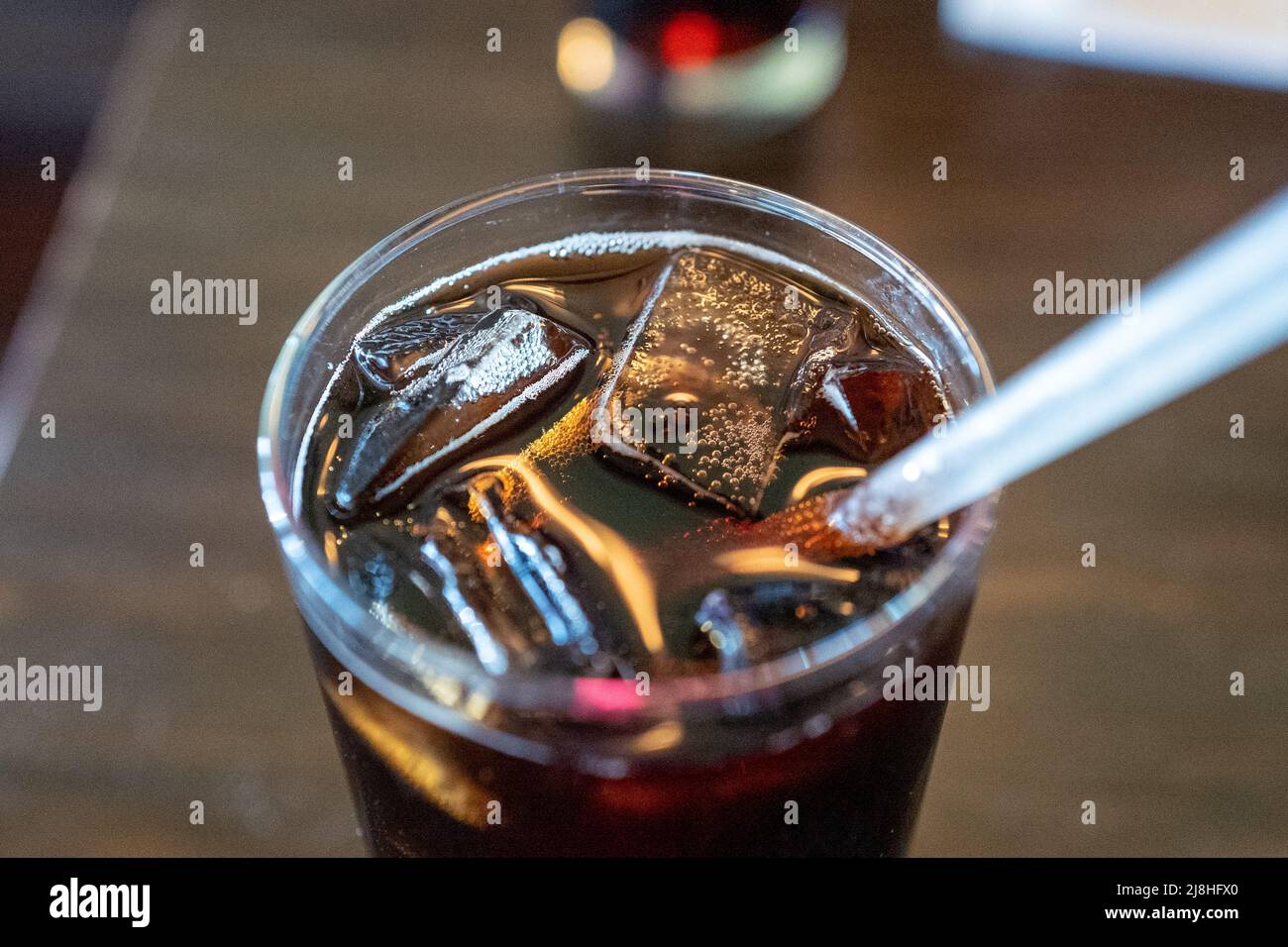 Close-up of glass of Coca Cola drink in restaurant setting, Lafayette ...
