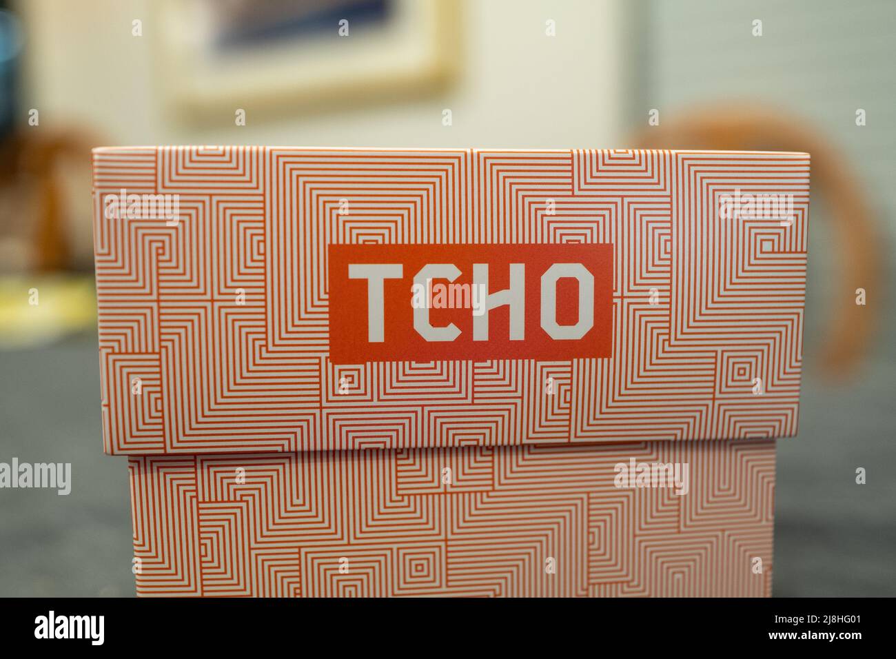 Close-up of logo for TCHO chocolate on box of vegan chocolate bars ...