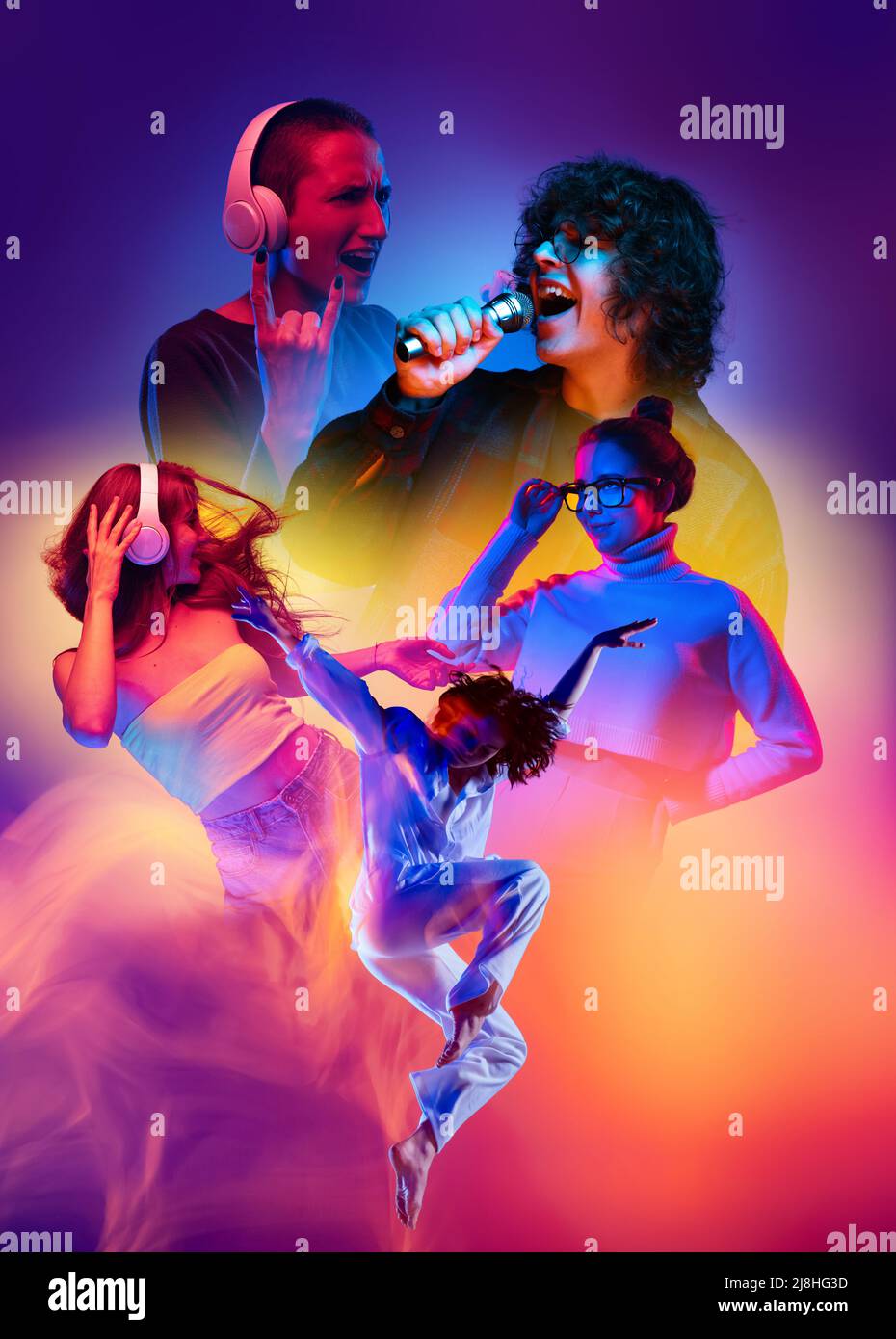 Composite image with excited beautiful male and female models on dark ...