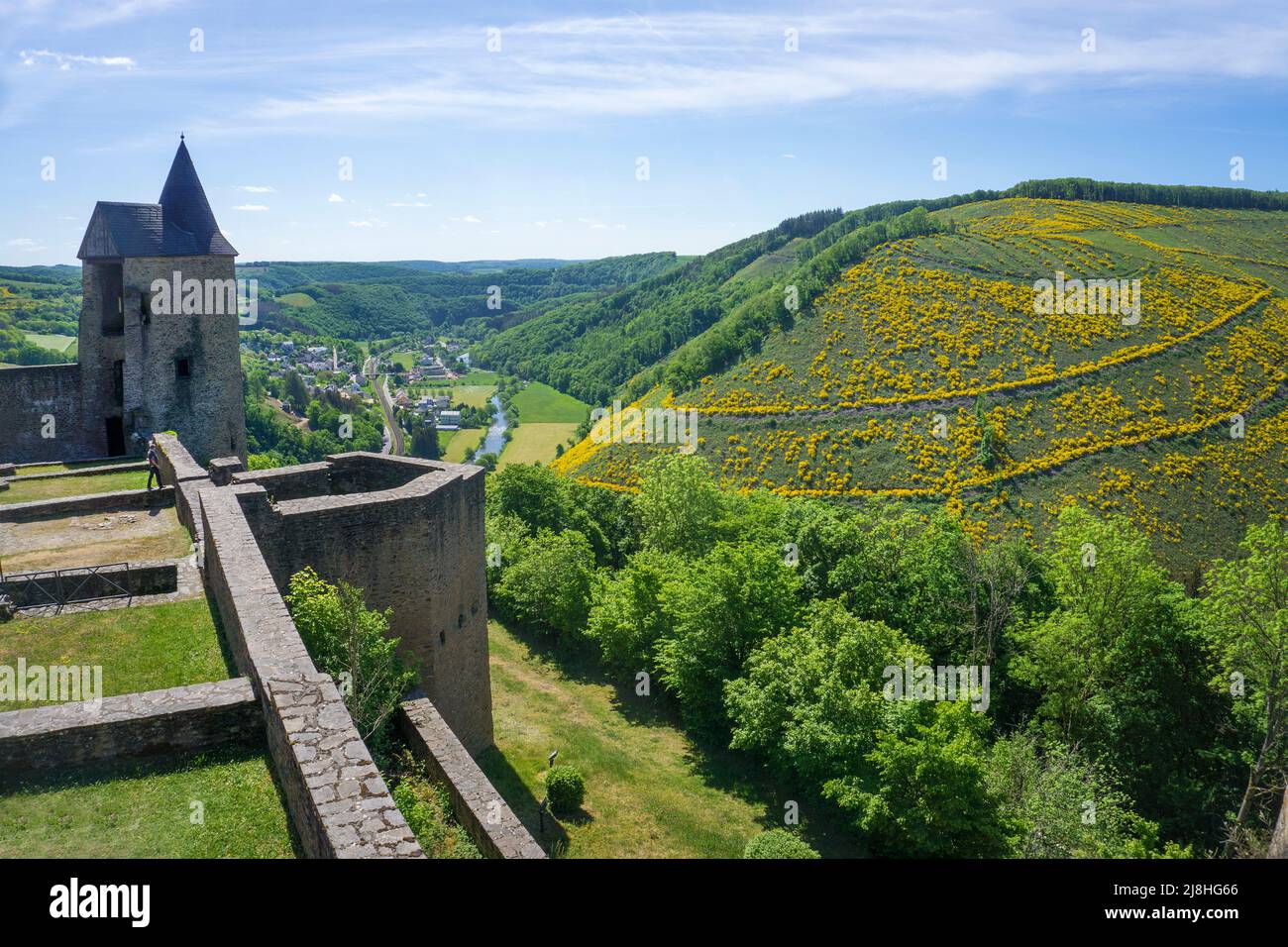 View from Castle Bourscheid on the valley, medieval castle complex at ...