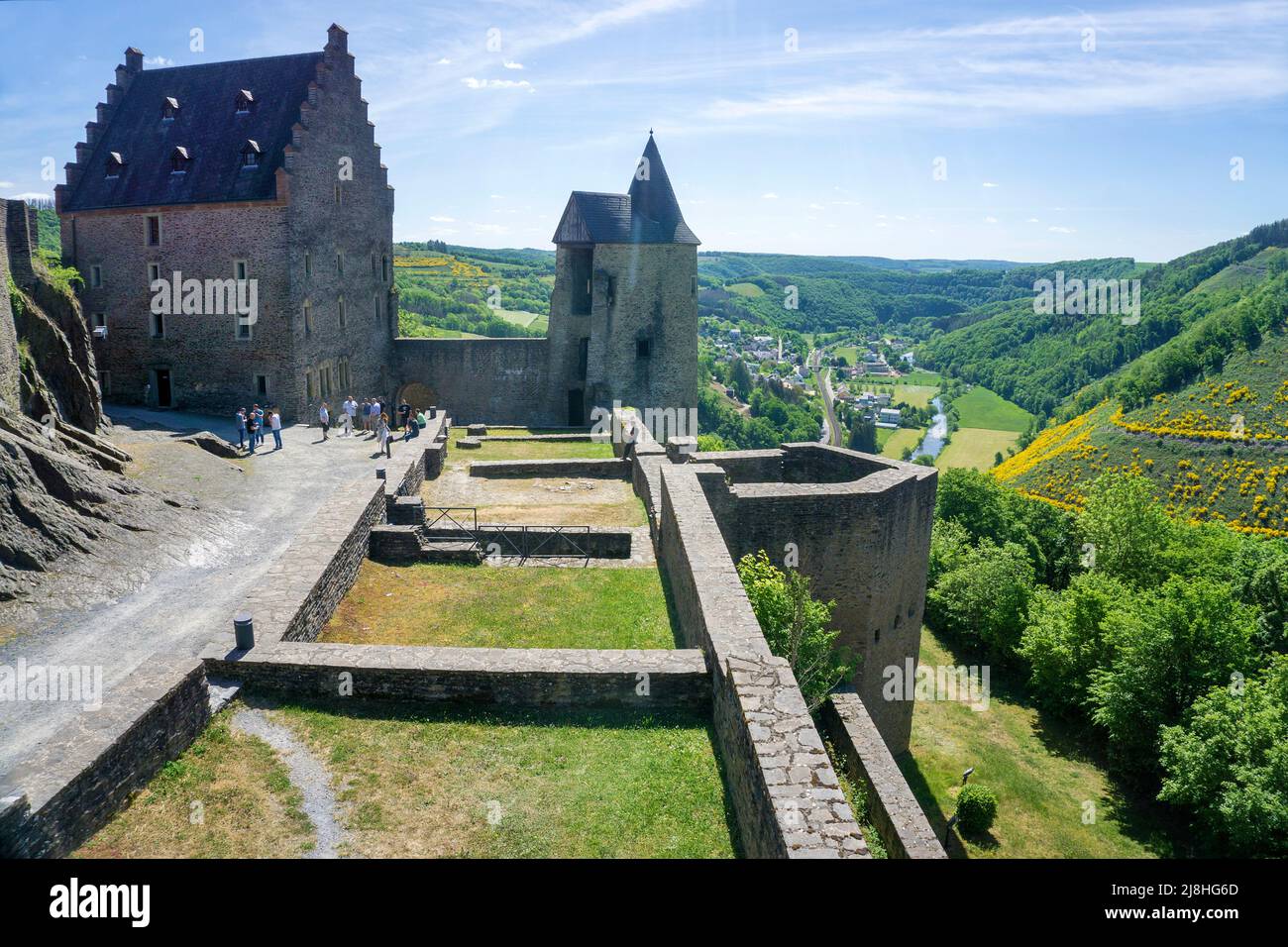 View from Castle Bourscheid on the valley, medieval castle complex at ...