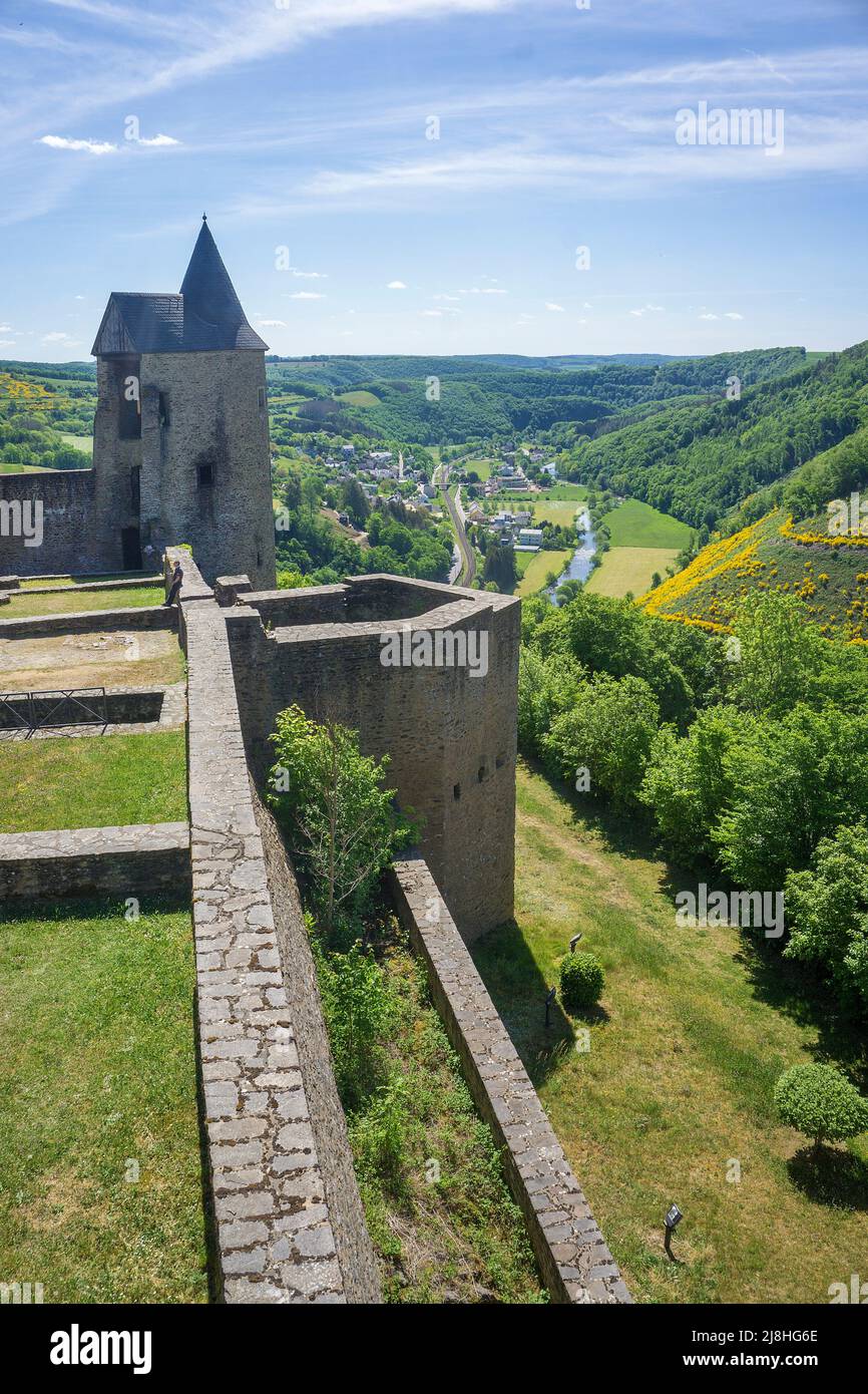 View from Castle Bourscheid on the valley, medieval castle complex at ...