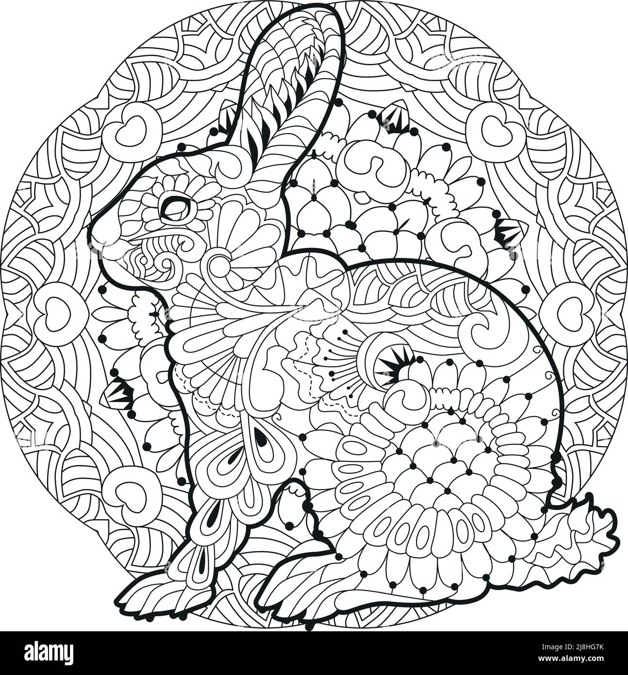 Spring rabbit on mandala. Coloring page for adult and children. Easter ...