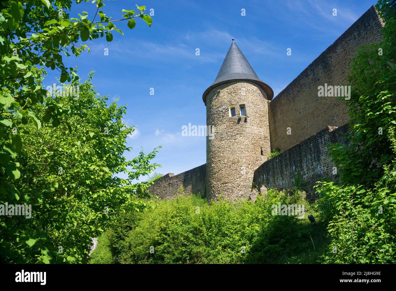 Tower of Castle Bourscheid, medieval castle complex at Bourscheid ...