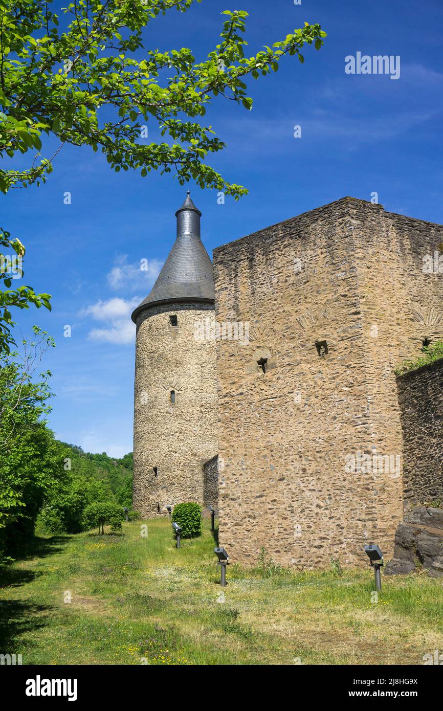 Tower of Castle Bourscheid, medieval castle complex at Bourscheid ...