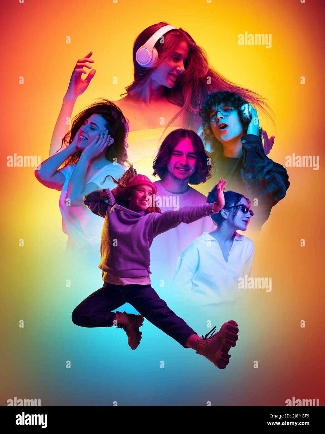 Poster with excited beautiful male and female models on yellow color ...