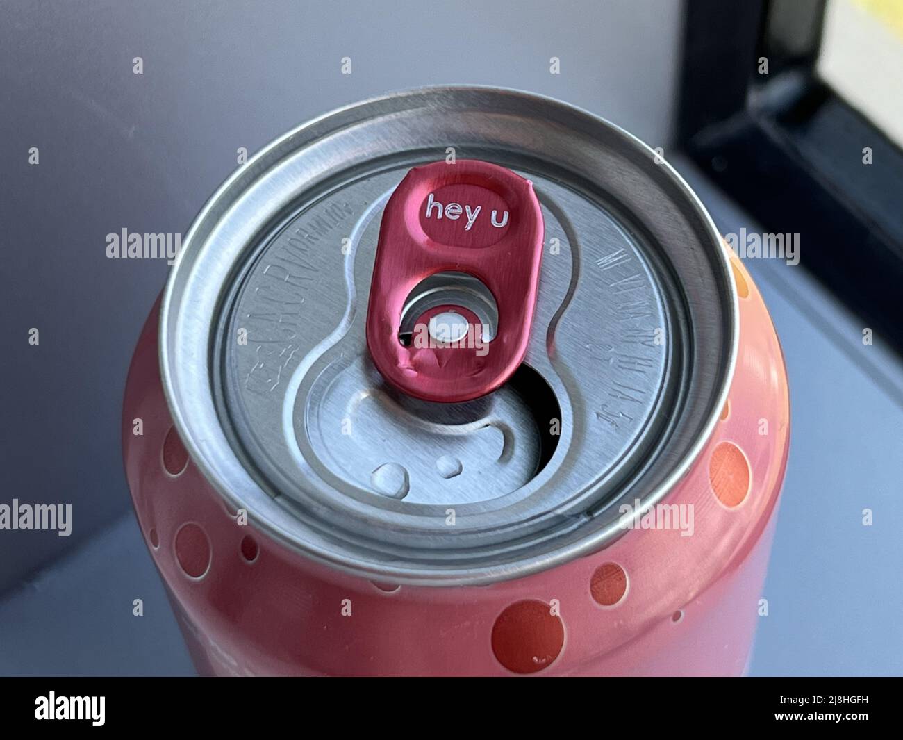 Close-up of engraved pull tab on Bubly brand sparkling water, San ...