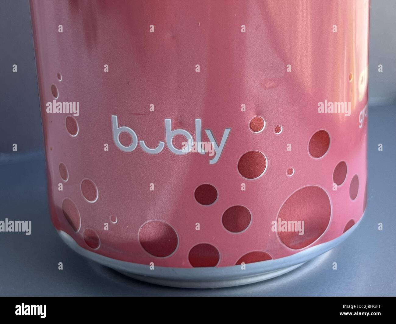 Logo on can of Bubly brand sparkling water, San Francisco, California ...