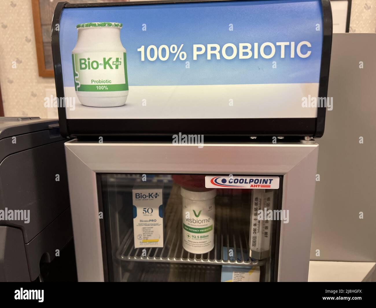 Close-up of miniature refrigerator with Bio-K brand probiotics, Orinda ...