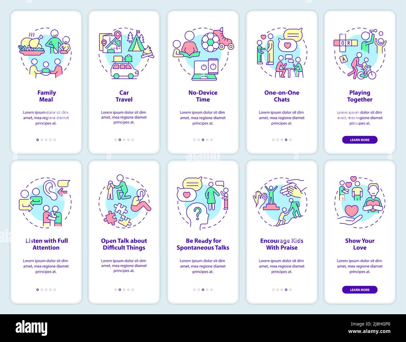 Family relationship management onboarding mobile app screen set Stock ...