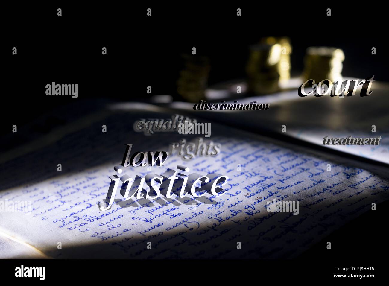 justice and rights with a handwritten manuscript and various word Stock ...