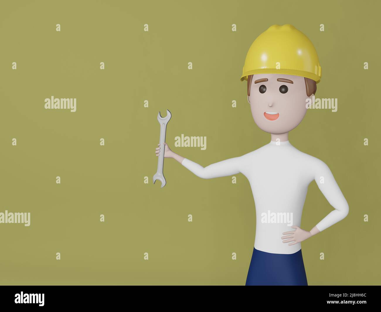 Cartoon character service man holding a wrench and showing hand at ...