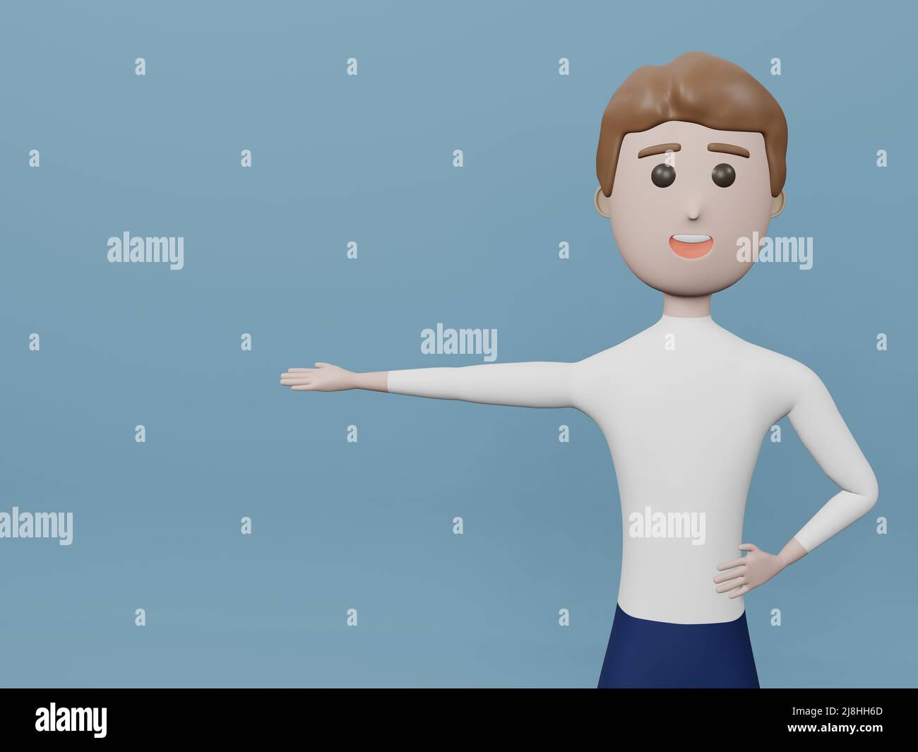 Cartoon character man showing hand at direction. Man presenting on blue ...